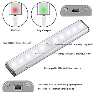 RXWLKJ Stick-on Anywhere Portable Little Light Wireless LED Under Cabinet Lights 10-LED Motion Sensor Activated Night Light Build in Rechargeable Battery Magnetic Tap Lights for Closet, Cabinet