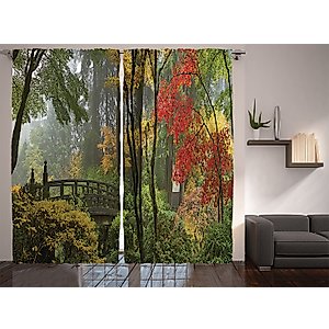 Ambesonne Landscape Curtains, Wet Wooden Bridge at Portland Japanese Garden Oregon in Autumn Season, Living Room Bedroom Window Drapes 2 Panel Set, 108" X 84", Green Orange