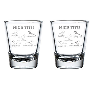 MIP Set of 2 Shot Glasses 1.75oz Shot Glass Nice Tits Funny Bird Watch