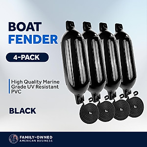 Five Oceans 4-Pack Boat Fenders - 4.5 x 16-Inch, Black - Boat Bumpers for Docking - 4 Ropes Lines 3/8-Inch x 5-Ft - Inflator Pump and 4 Needles for Pontoon Fishing Bass Sport Boats Sailboats - FO4537
