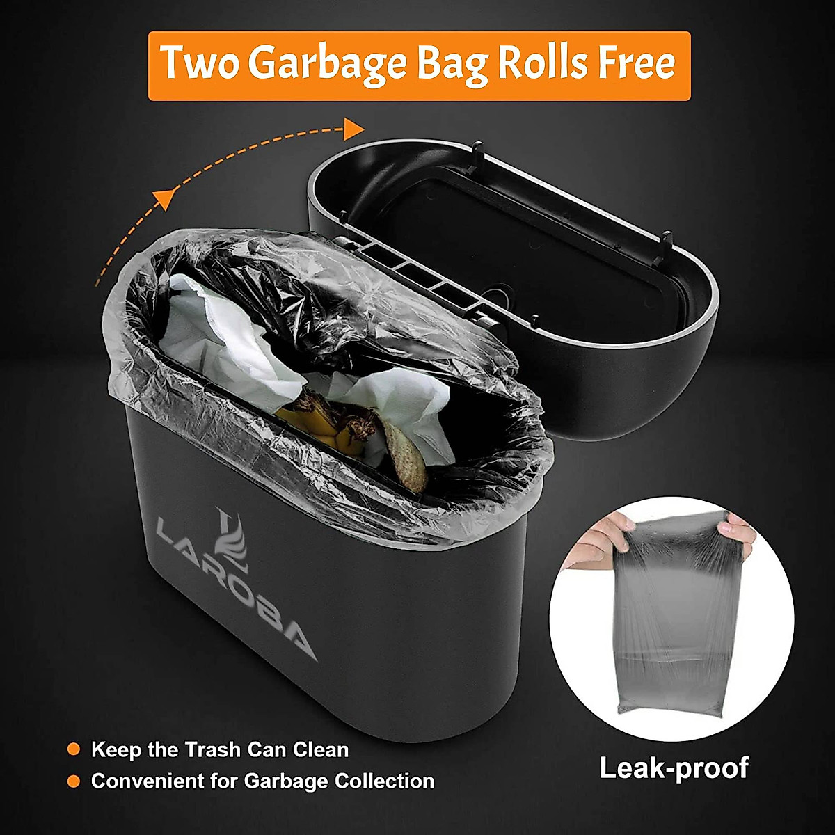 Laroba Car Trash Can with Lid - Mini Auto Dustbin Garbage Organizer | Two Roll Plastic Trash Bags | Automotive Garbage Container Bin for Vehicle, Home, Office