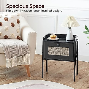 MAHANCRIS 2 End Table with Charging Station, Side Table with Imitation Rattan Drawer, 17.3-Inch Bedside Table with Wooden Drawer, Stable Beside Table, Narrow Side Table for Bedroom ETHR44E01-ETHB73E01