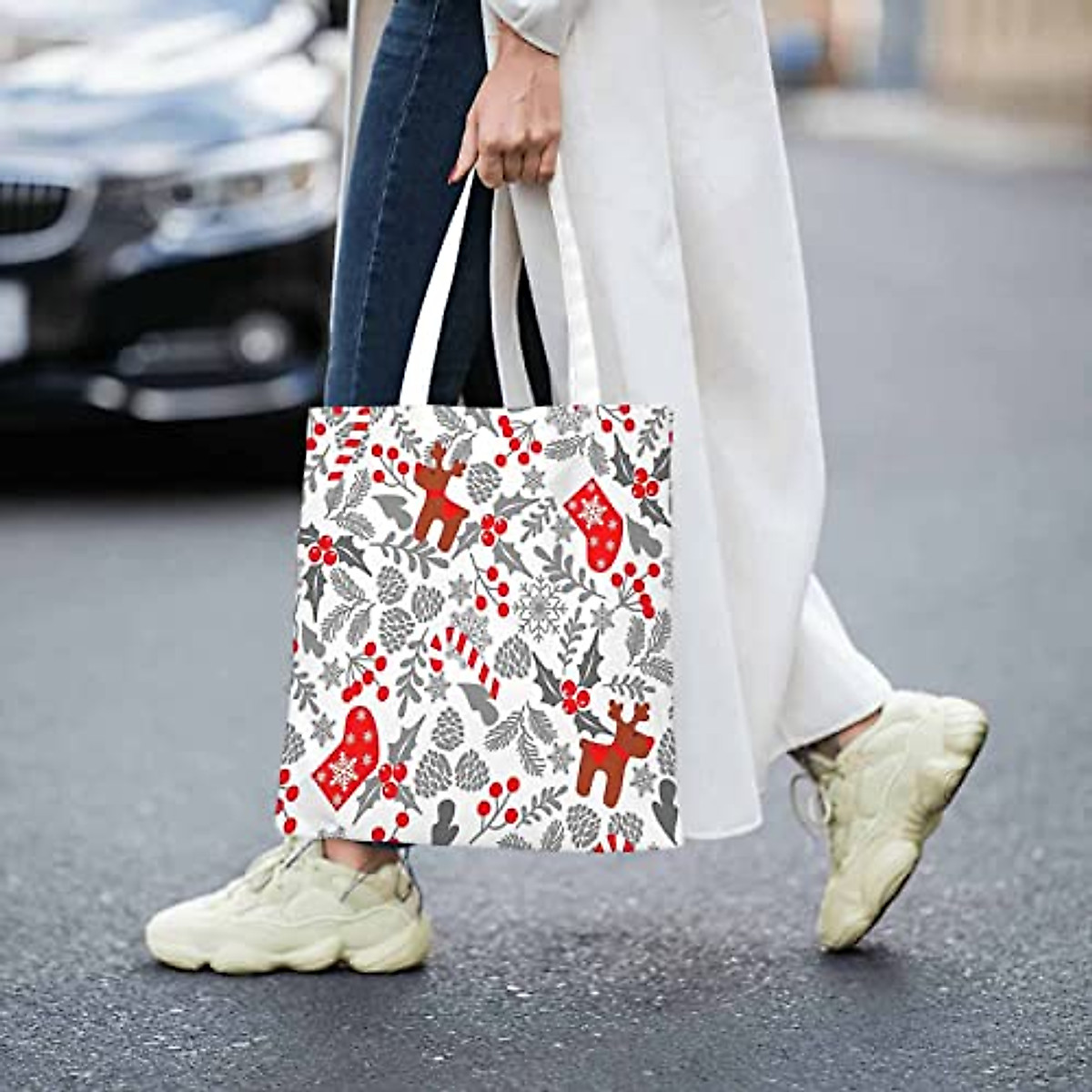 Canvas Tote Bag，Winter Holly Berries Candy Deer Christmas Reusable Large Shopping Shoulder Tote Bag For Women，Red Holiday Doodle Tree Art Blossom Leaf Nature White Beach Tote Bags Bulk For Work