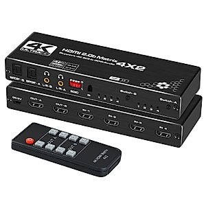 avedio Links 4K@60Hz 4x2 HDMI Matrix Switch, HDMI 2.0b Matrix Switch 4 in 2 Out, 4K HDMI Switcher Splitter + Optical and L/R Audio Output, Scaler EDID with Remote, HDCP2.2, HDR 10
