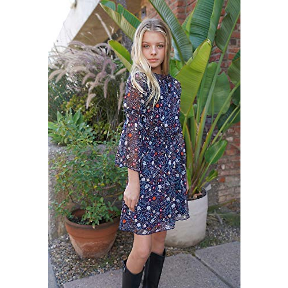 Smukke, Big Girls Tween Beautiful Printed Chiffon Off The Shoulder Long Sleeves Fall Dresses (Multiple Colors), 7-16 (16, Navy Multi)