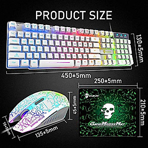 KUIYING Gaming Keyboard and Mouse Combo,RGB Rainbow Backlit Keyboard with PC Wired Keyboard+2400DPI 6 Buttons Rainbow LED Gaming Mouse+Mouse Pads for PC PS4 (White), 20.9 x 6.1 x 2.1