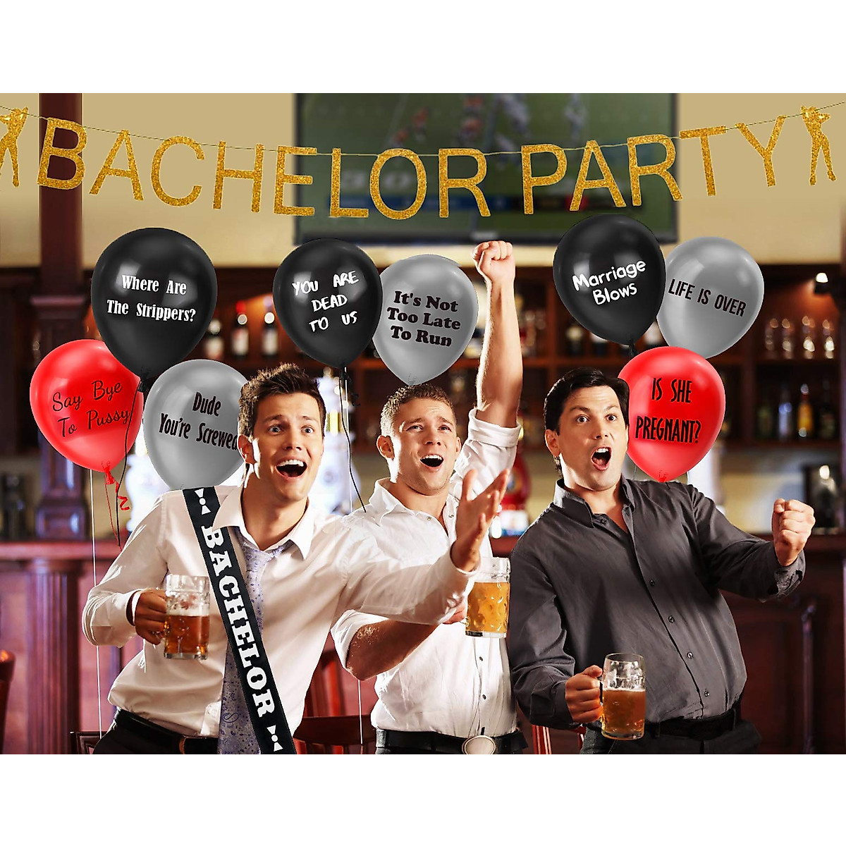 BroSash Funny Bachelor Party Decorations (Gold Bachelor Banner, Bachelor Sash, 16 Funny Party Balloons, and 8 Bachelor Party Rules Cards) 26 Piece Set, Bachelorette Party Supplies Gifts