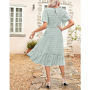 Annebouti Womens Summer Dress 2023 Flutter Short Sleeve Casual Modest Cute Swing Flowy Chiffon Swiss Dot Smocked Midi Dress Solid Light Green L