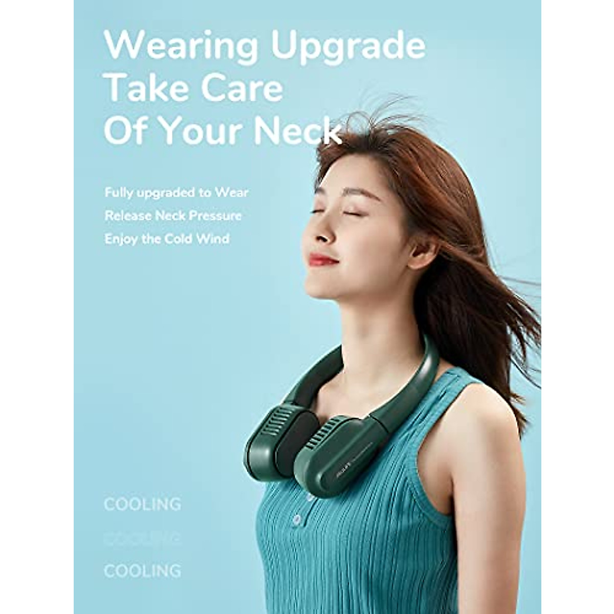 JISULIFE Personal Neck Fan, Bladeless Neck Fan Rechargeable with 4000mAh Battery Operated Neck Fan, 180° Adjustable Wrap-Around Blowing Neck Friendly for Indoor Outdoor-Dark Green