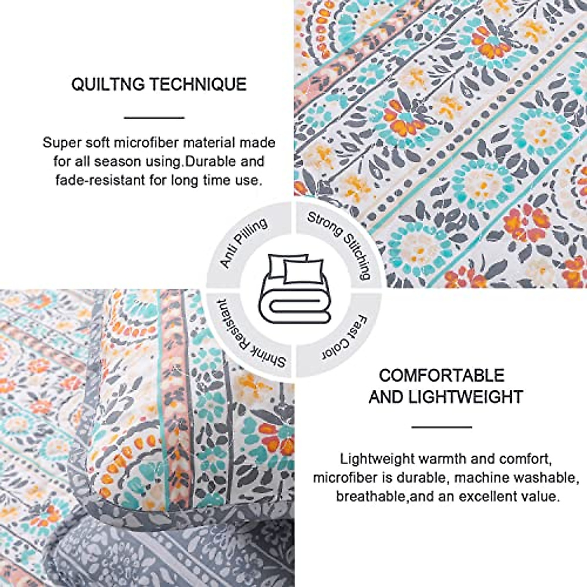 DREAMCLOUD HOME Bohemian Quilt Set Full Queen Size 3 Piece, Cosima Striped Pattern Printed Bedding Coverlet Set, Lightweight Soft Reversible Bedspread Sets for All Season (1 Quilt & 2 Pillow Shams)