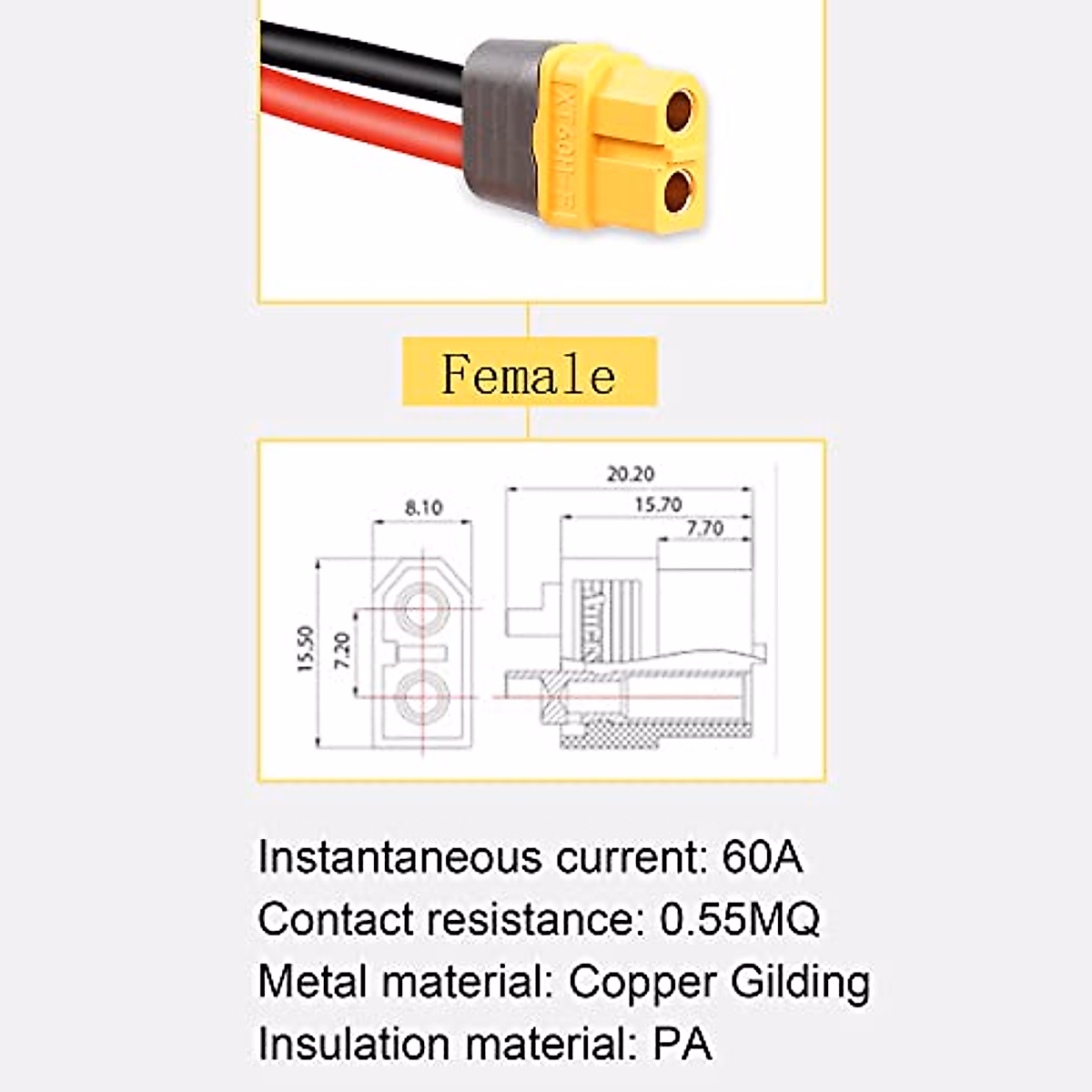 GELRHONR 4.9FT 12AWG Solar Connector to XT60 Female Extension Cable for Solar Panel RV Portable Power Station Solar Generator-1.5M 4.9Ft