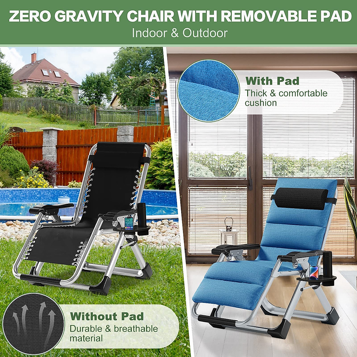 Barbella Zero Gravity Chair Reclining Lounge Chair Patio Chairs, Adjustable Lawn Recliner Folding Lounge Recliners with Removable Cushion, Headrest & Cup Holder, Reclining Chair for Indoor and Outdoor