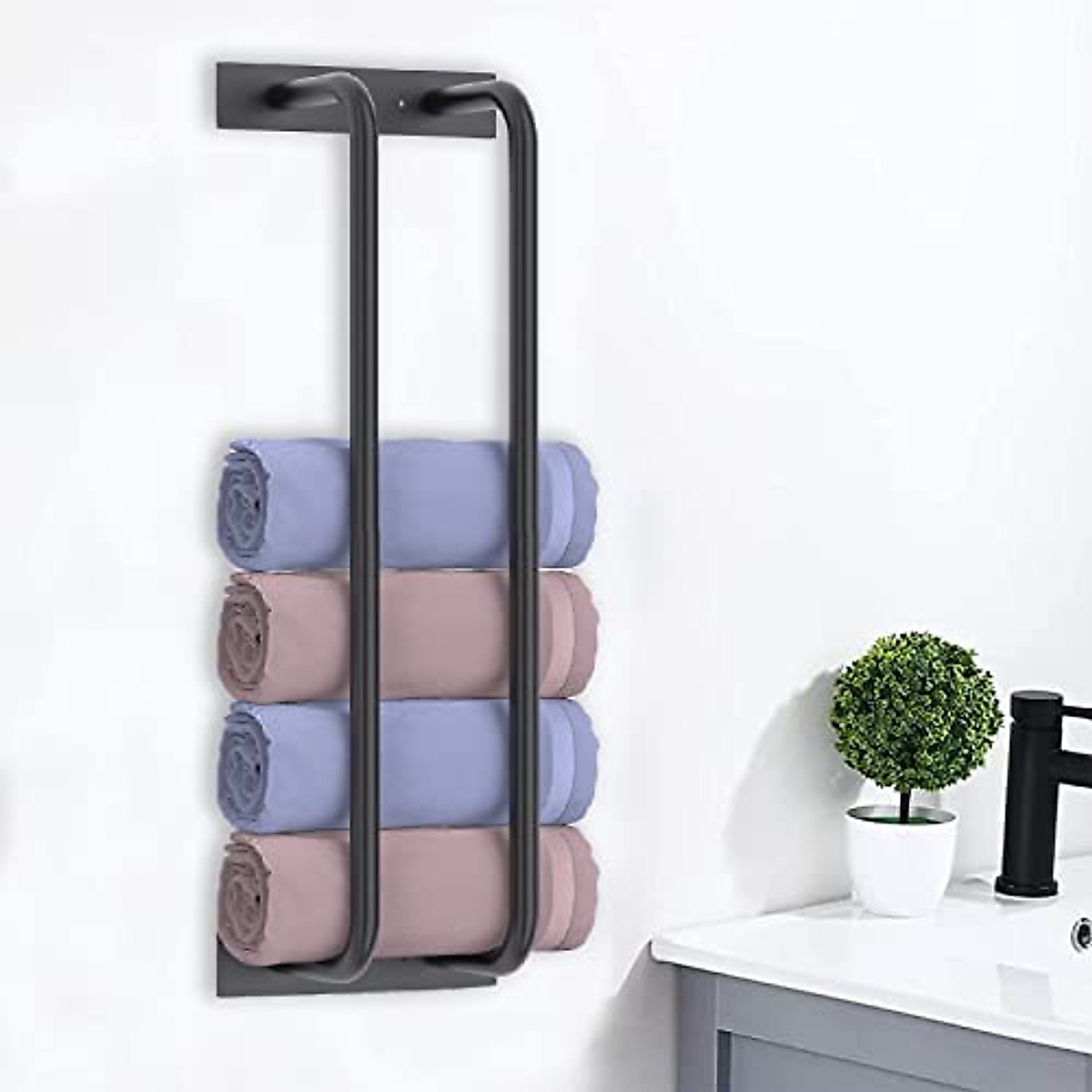 KITHOLD Adhesive Towel Racks for Bathroom, Wall Mounted Bathroom Towel Storage, Stainless Steel Bath Rolled Towels Holder Towel Organizer Shelf for Folded Large Towel Beach Shower Towel - Black