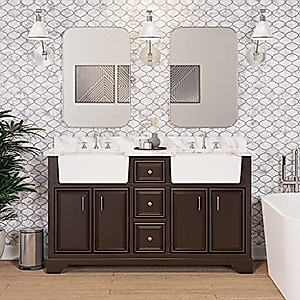 Kitchen Bath Collection Zelda 60-inch Double Farmhouse Vanity (Quartz/Chocolate): Includes Chocolate Cabinet with Stunning Quartz Countertop and White Ceramic Farmhouse Apron Sinks