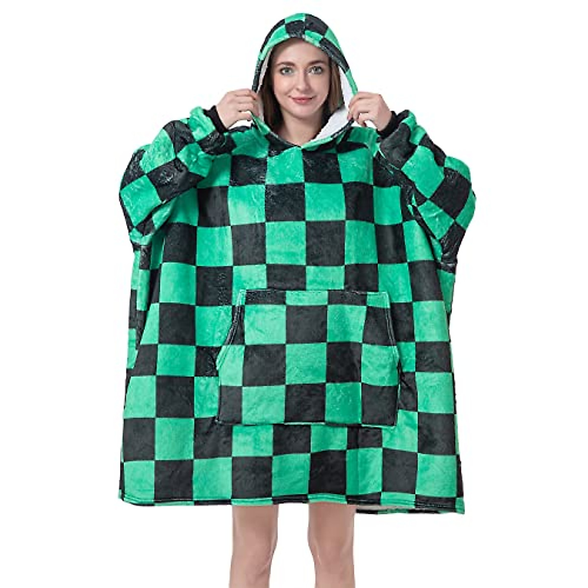 ARTHMOM Comfy Wearable Blanket Hoodie for Women Men Adult, Oversized Sherpa Fuzzy Fleece Sweatershirt Blanket with Giant hood and Pocket, One Size Fits All (Plaid-Green)