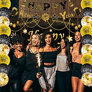 New Year Decorations Kit, Black Bunting and Gold Alphabet Balloons, Cake Topper and Photo Booth Props, Eve Party Decor for Home and School Gatherings, Festive Backdrop for Celebrations