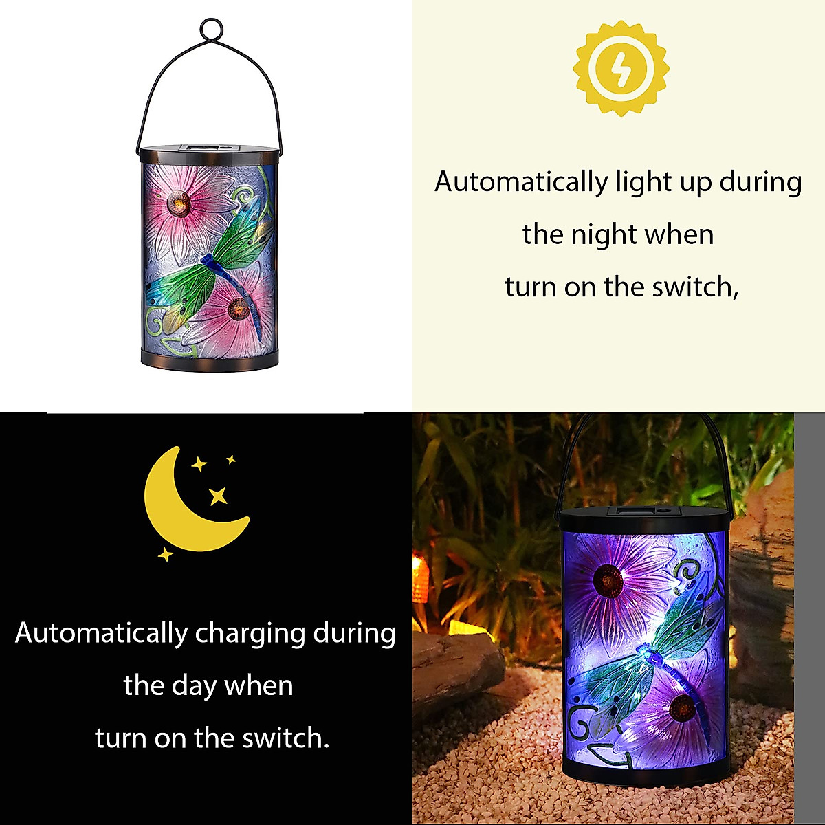Afirst Solar Lantern Outdoor Hanging Glass Solar Dragonfly Lights Waterproof LED Solar Lamp for Garden Yard Tree Desk Decor