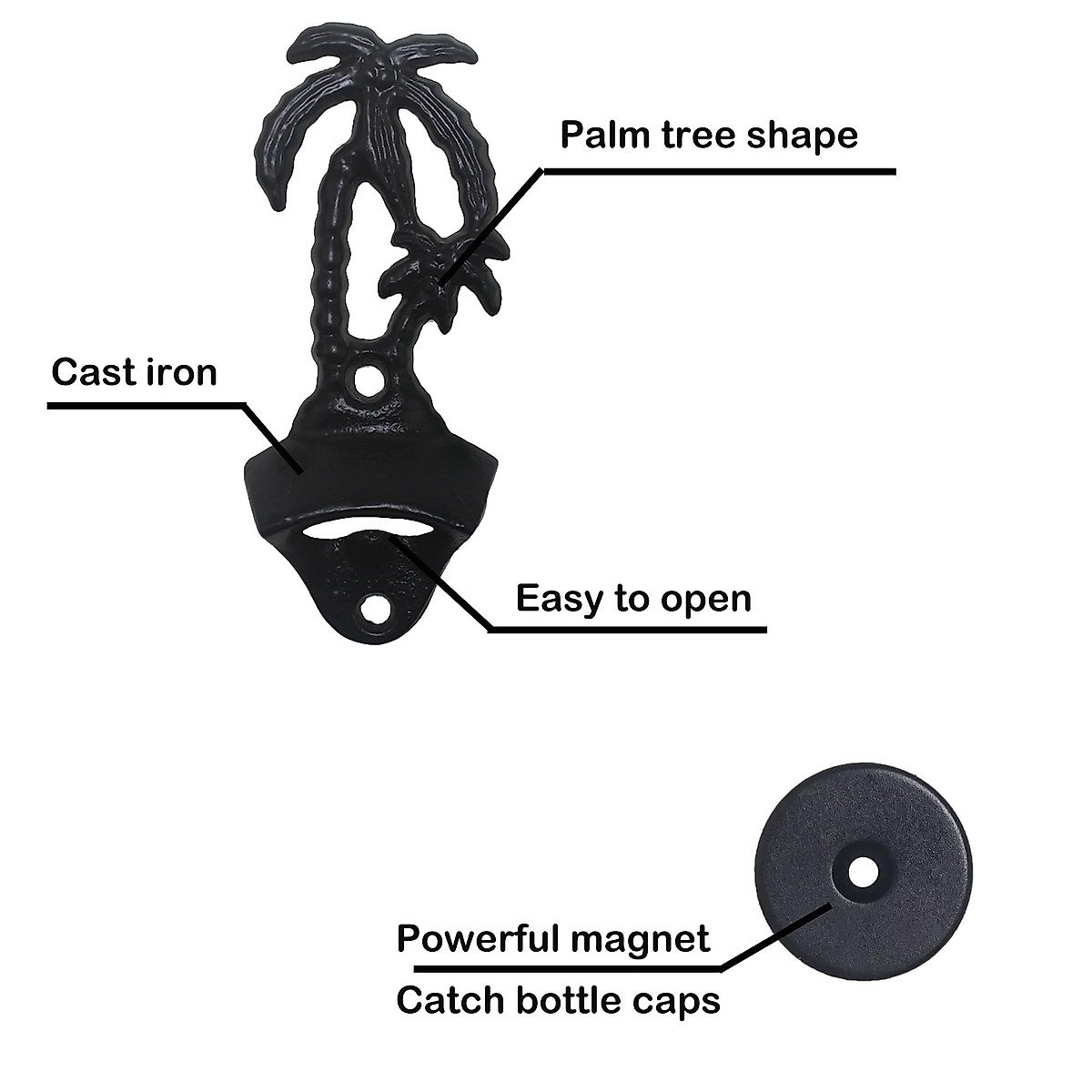Luwanburg Palm Tree Cast Iron Beer Bottle Opener Wall Mounted with Magnetic Cap Catcher (Black)
