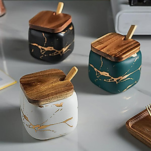 EIMQUVW Sets of 2 Marble Ceramic Seasoning Jars Ceramic Sugar Salt bowl Condiment Pots with Wooden Lids,Wooden Spoon and Wooden Tray(White)