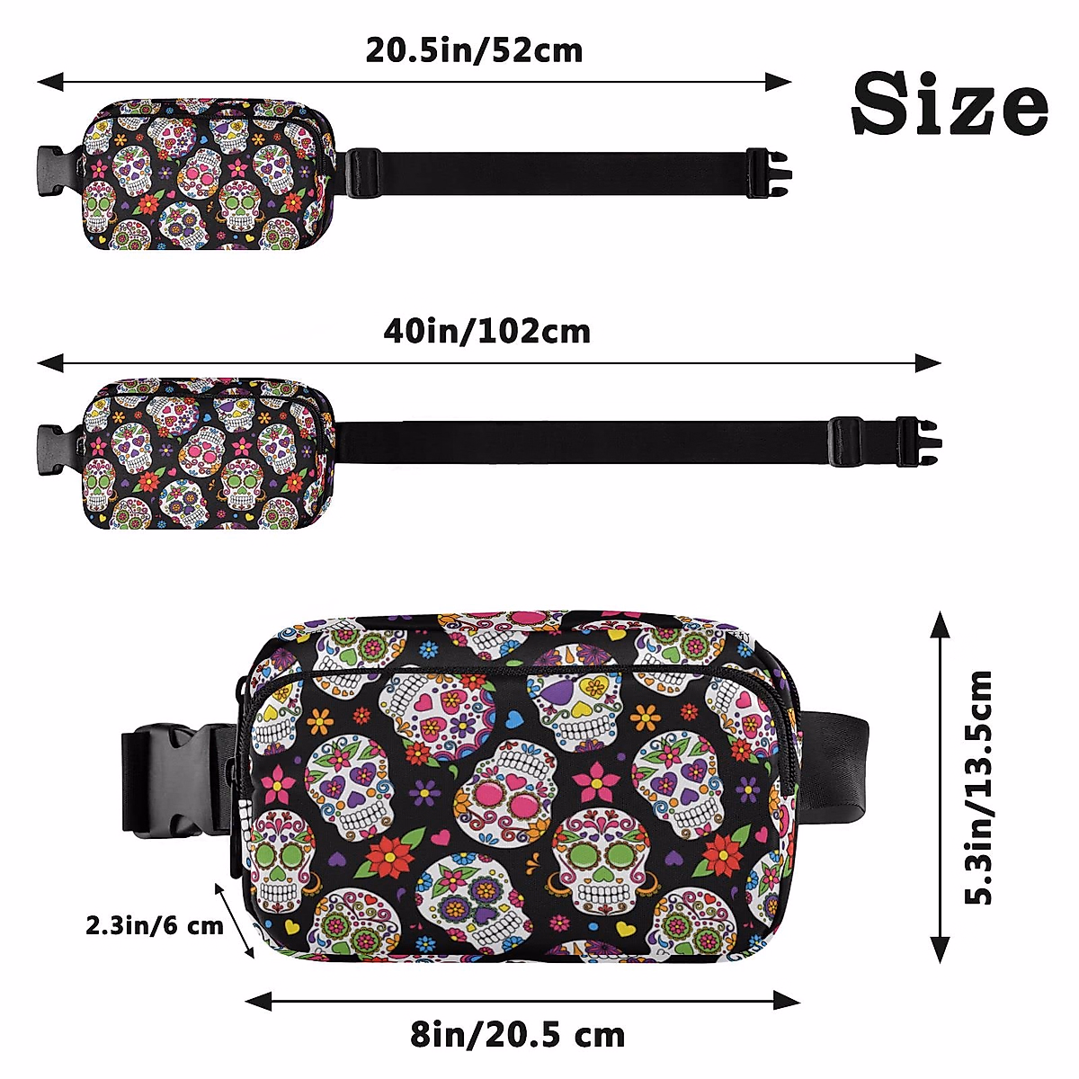 Day Of The Dead Sugar Skull Fanny Pack for Women Men Belt Bag Crossbody Waist Pouch Waterproof Everywhere Purse Fashion Sling Bag for Running Hiking Workout Walking Travel