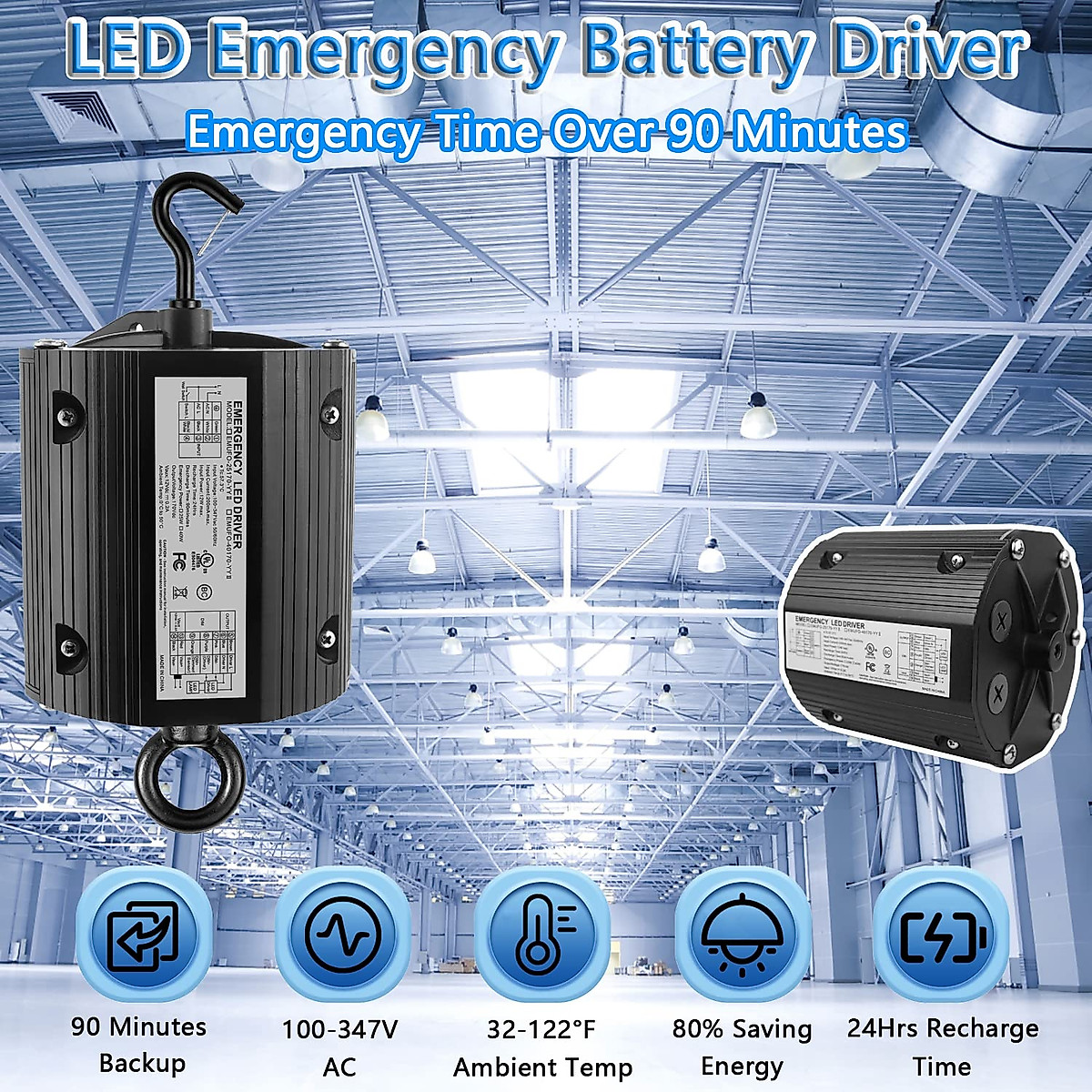 40W LED Emergency Backup Driver for UFO LED High Bay Light,0-10V Dimmable Emergency led Driver, Backup Battery Emergency Time Over 90 Minutes, 100V-347VAC Rechargeable UL Listed (40W (8-Pack))