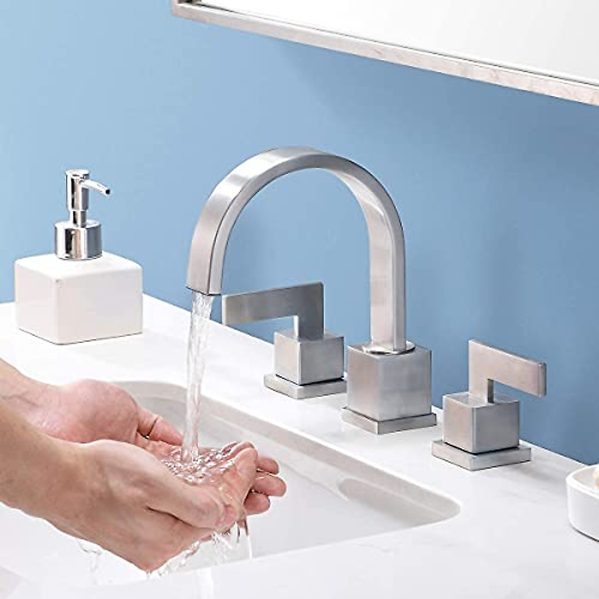 Friho Modern 2 Handle 3 Hole Stainless Steel Brushed Nickel Widespread Bathroom Faucet, 8 inch Bathroom Sink Faucet Lavatory Vanity Faucet with Pop Up Drain and Water Supply Lines