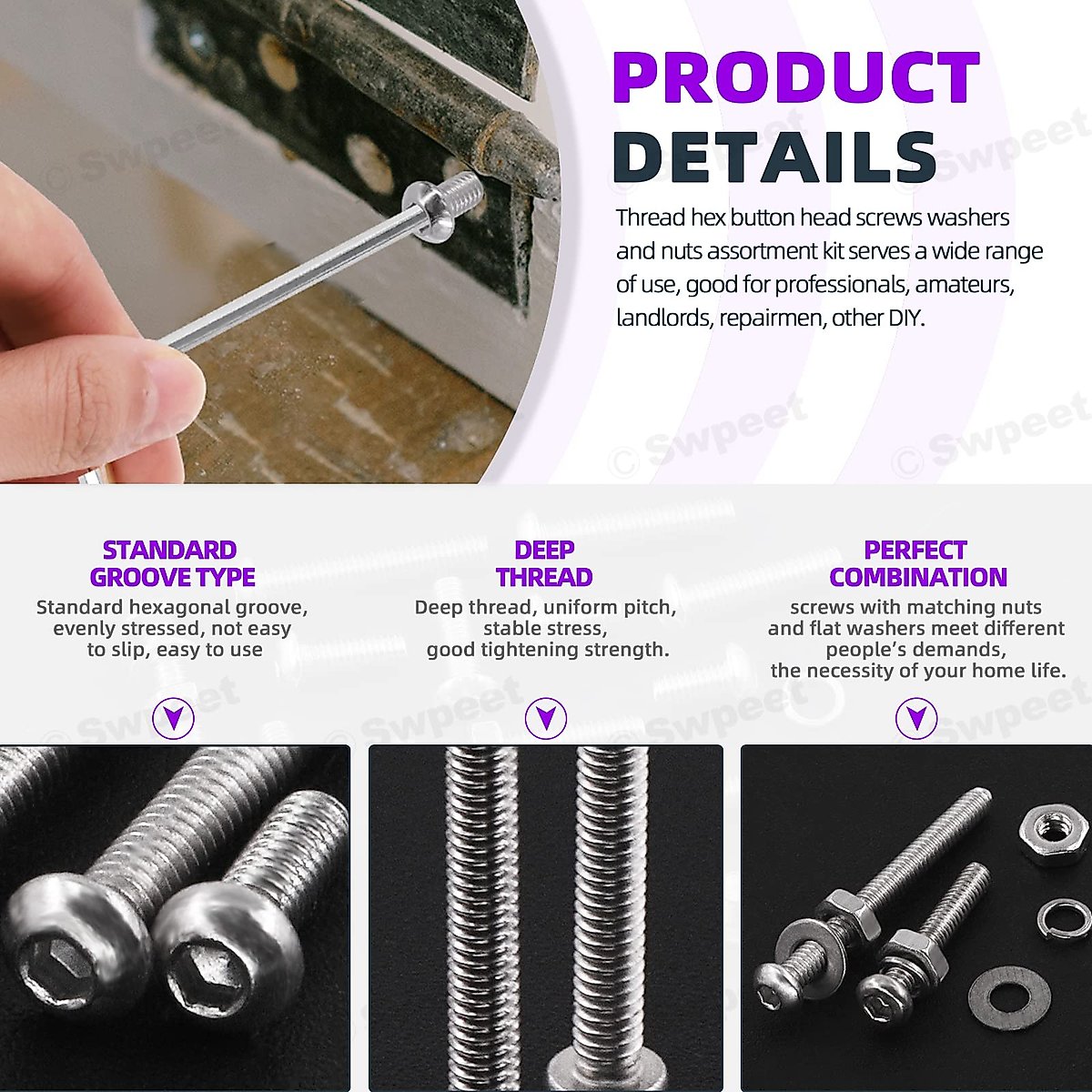 Swpeet 701Pcs M2 Metric 304 Stainless Steel Button Head Hex Socket Head Cap Bolts Screws Nuts and Hex Nuts with Flat Washers and Split Lock Washers Kit, Screws Nuts Washers Wrench All Included