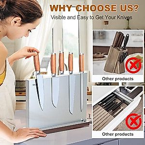 Magnetic Knife Holder Stand Block: Double Sided Magnetic Knife Holder Without Knifes Stainless Steel Knife Display Storage Rack for Kitchen Counter with Strong Enhanced Magnet and Wood Base - Silver
