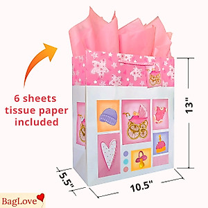 BagLove - Premium (2 Pack) Baby Girl Gift Bags with Tissue Paper - Large Gift Bags Perfect for Baby Showers, New Moms, Birthdays, Gender Reveals and More