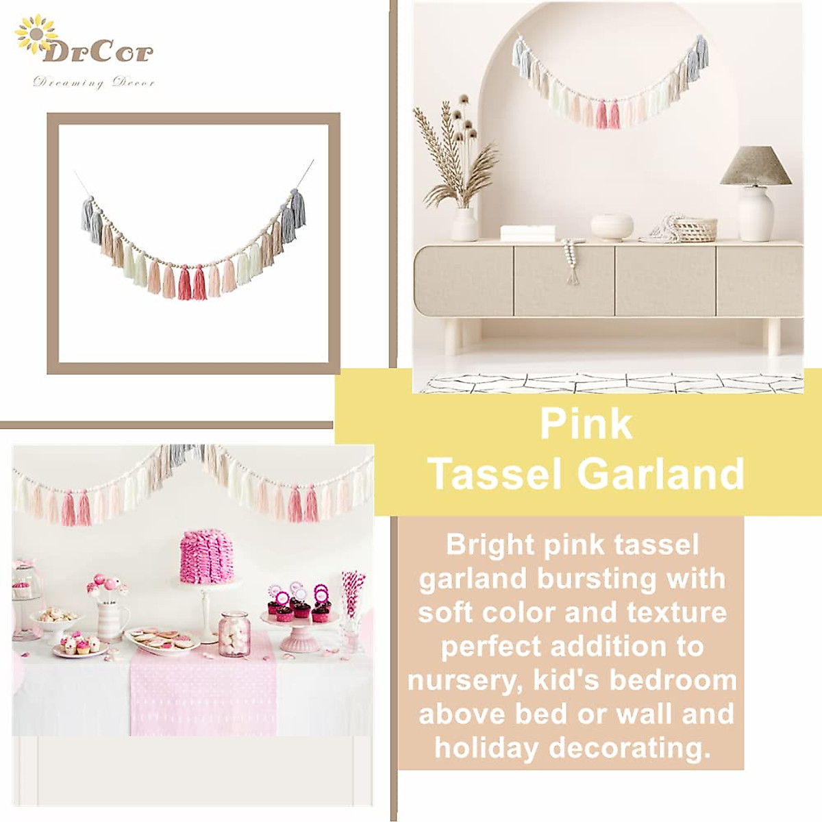 DrCor Pink Grey Yarn Tassel Garland Boho Preppy Bunting Banner Wall Hanging Decor for Classroom Office Birthday Party Nursery Kids Bedroom Baby Shower Decoration