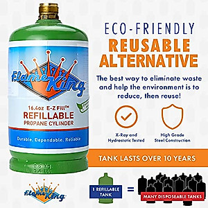 Flame King Refillable 1 lb Empty Propane Cylinder Tank - with Refill Kit and CGA600 Connection - Reusable - Safe and Legal Refill Option - DOT Compliant - 16.4 oz, Green