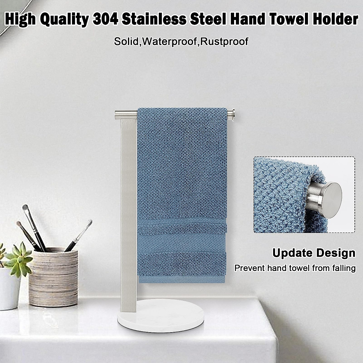 Winmien Stainless Steel L-Shaped Hand Towel Holder, SUS304 Bathroom Towel Rack with Thickened Base for Countertop Vanity (Brush Nickel)