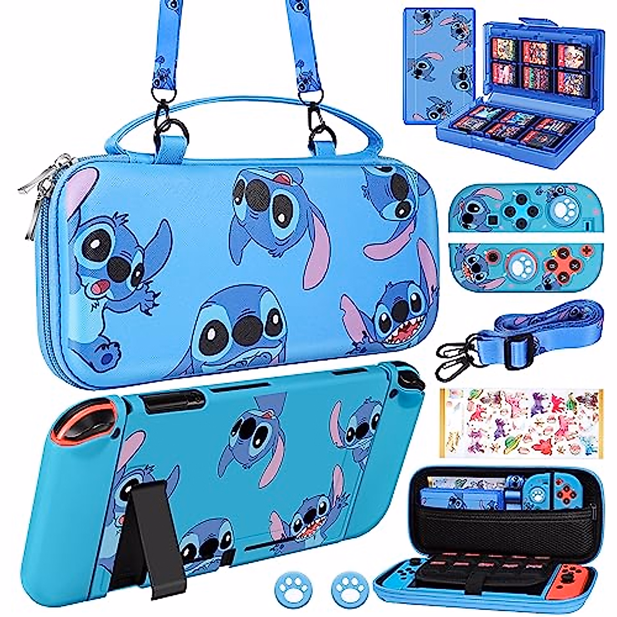Xinocy for Nintendo Switch 9 in 1 Storage Accessories Kit with Travel Carrying Case+Switch Protective Cover+Game Case Holder+Strap+Sticker+2 Joycon Shells+2 Thumb Caps Cute for Boys Kids Girls -Stit