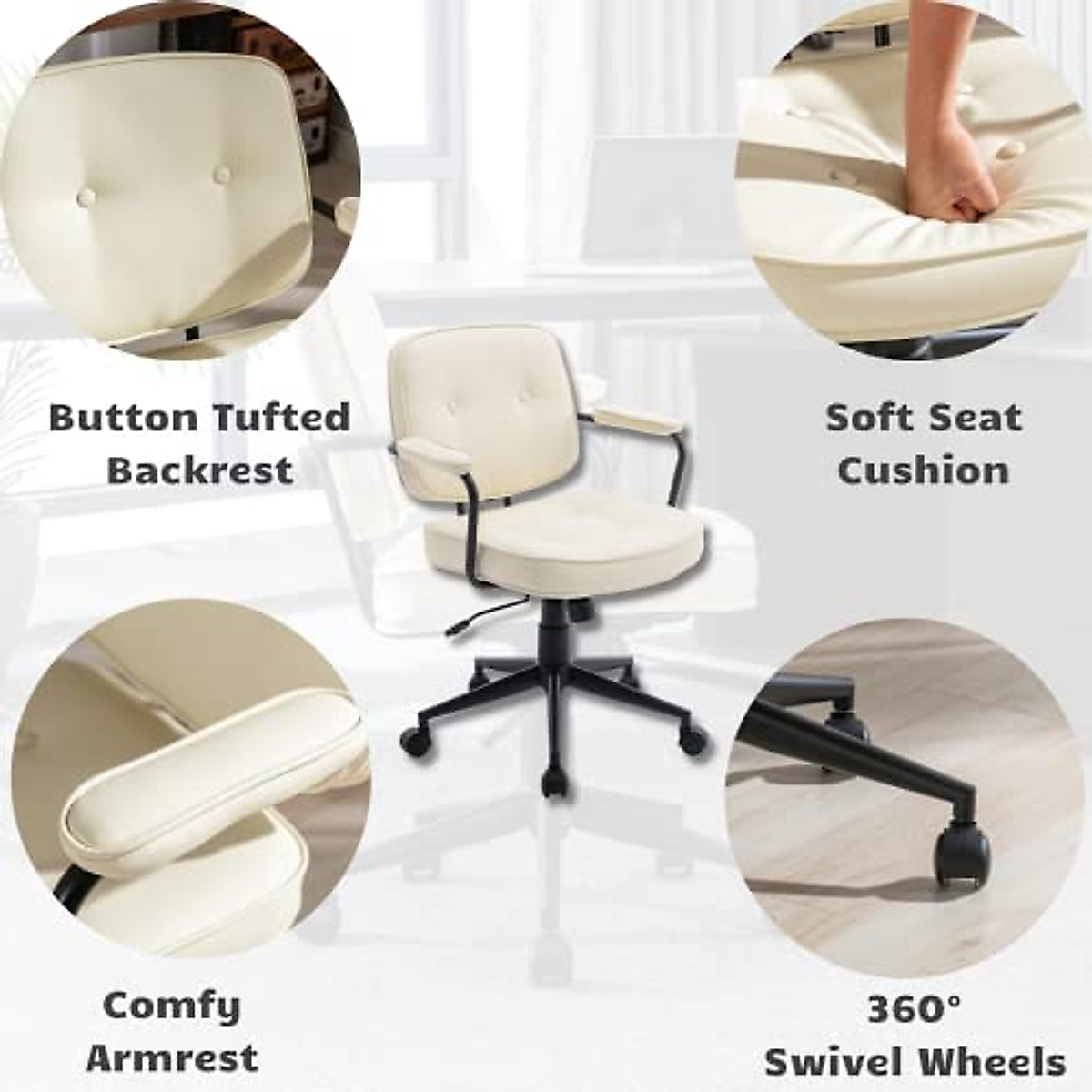 HEAH-YO PU Leather Home Office Desk Chair, Height-Adjustable Computer Desk Chair with Wheels and Arms, Swivel Task Chair with Back Support for Home Office, White