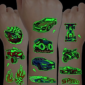 CHARLENT Luminous Race Car Tattoos for Kids - 24 Sheets Glow in The Dark RaceCar Temporary Tattoos for Boys Birthday Party Favors Goodie Bag Fillers