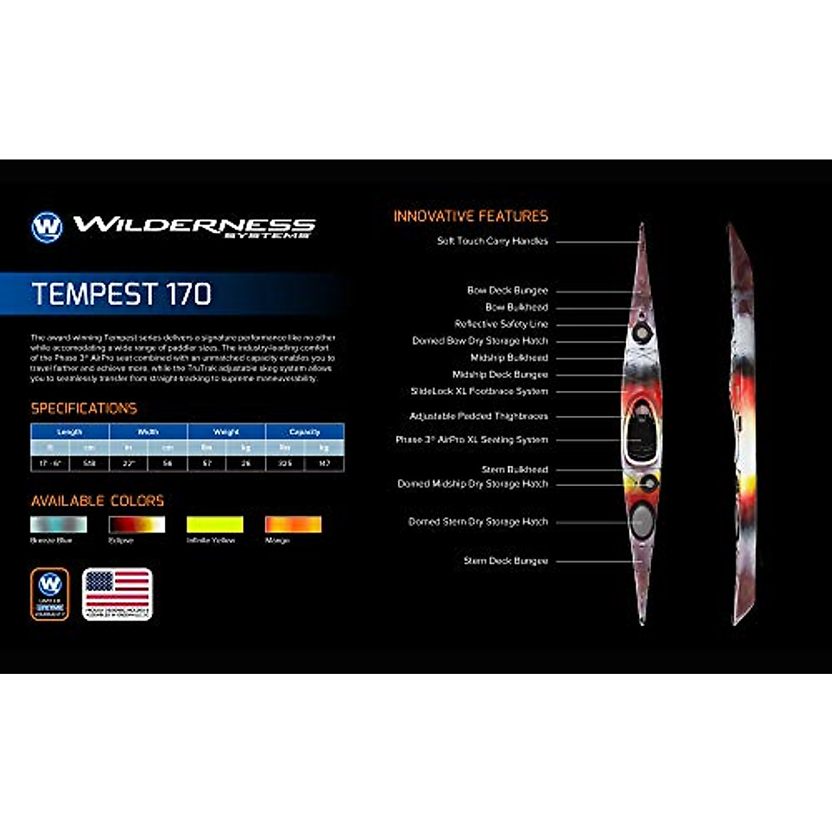 Wilderness Systems Tempest 170 | Sit Inside Touring Kayak | Adjustable Skeg - Phase 3 Air Pro Seating | 17' | Eclipse