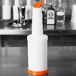 Tezzorio Store N Pour 1 Qt. Bottle with Orange Pour Spout and Cap, 32 oz Flow-N-Stow Fruit Juice/Liquor Bar Storage Container, Bartender Supplies