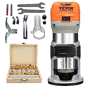 VEVOR Wood Router, 1.25HP 800W, Compact Wood Trimmer Router Tool, 30000RPM Max Speed 6 Variable Speeds, with 1/4'' & 5/16'' Collets 12 PCs Milling Cutters Dust Hood, for Woodworking Slotting Trimming