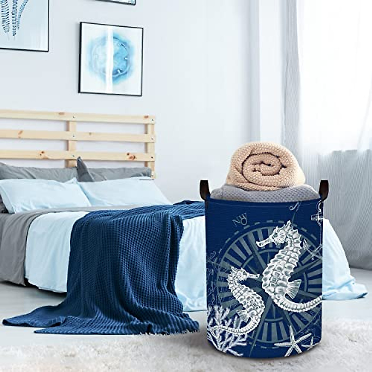 Clastyle 45L Waterproof Blue Seahorse Laundry Baskets for Clothes Collapsible Animal Storage Laundry Hamper with Drawstring, 14.2 * 17.7 in