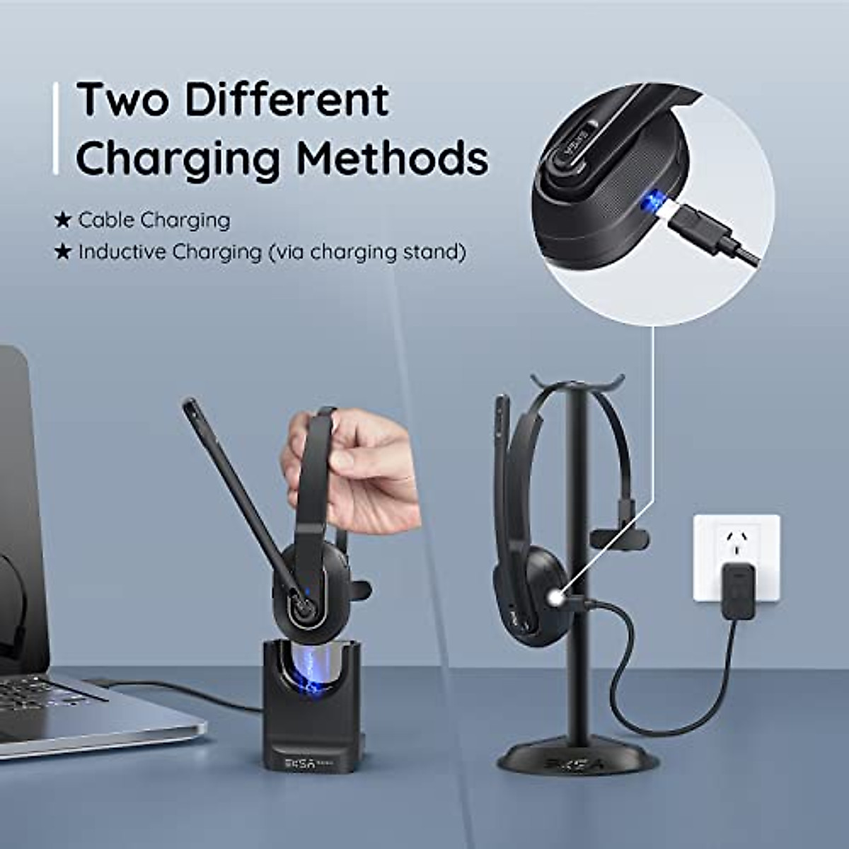 Bluetooth Headset, Wireless Headphones with AI-Powered Environmental Noise Cancelling Microphone (ENC) & Fast Charging Stand, Lightweight, 45Hrs On-Ear Headphone with USB Dongle for PC (Black)