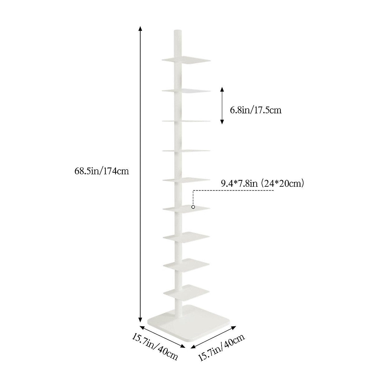 MXBCTMM Spine Bookshelf 9-Tier Metal Vertical Bookshelf DIY Spine Book Tower, 68.5 in high, 4 adjustable angles, suitable for small spaces, living rooms, offices, bedrooms