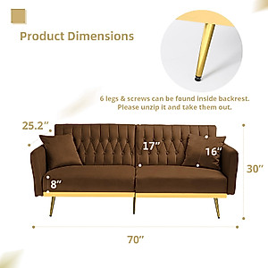 ACMEASE 2 Pieces Velvet Sofa Set with Adjustable Armrest and Backrest, 70” Convertible Futon Sofa Bed & Mordern Accent Chair with Ottoman for Living Room, Bedroom, Brown