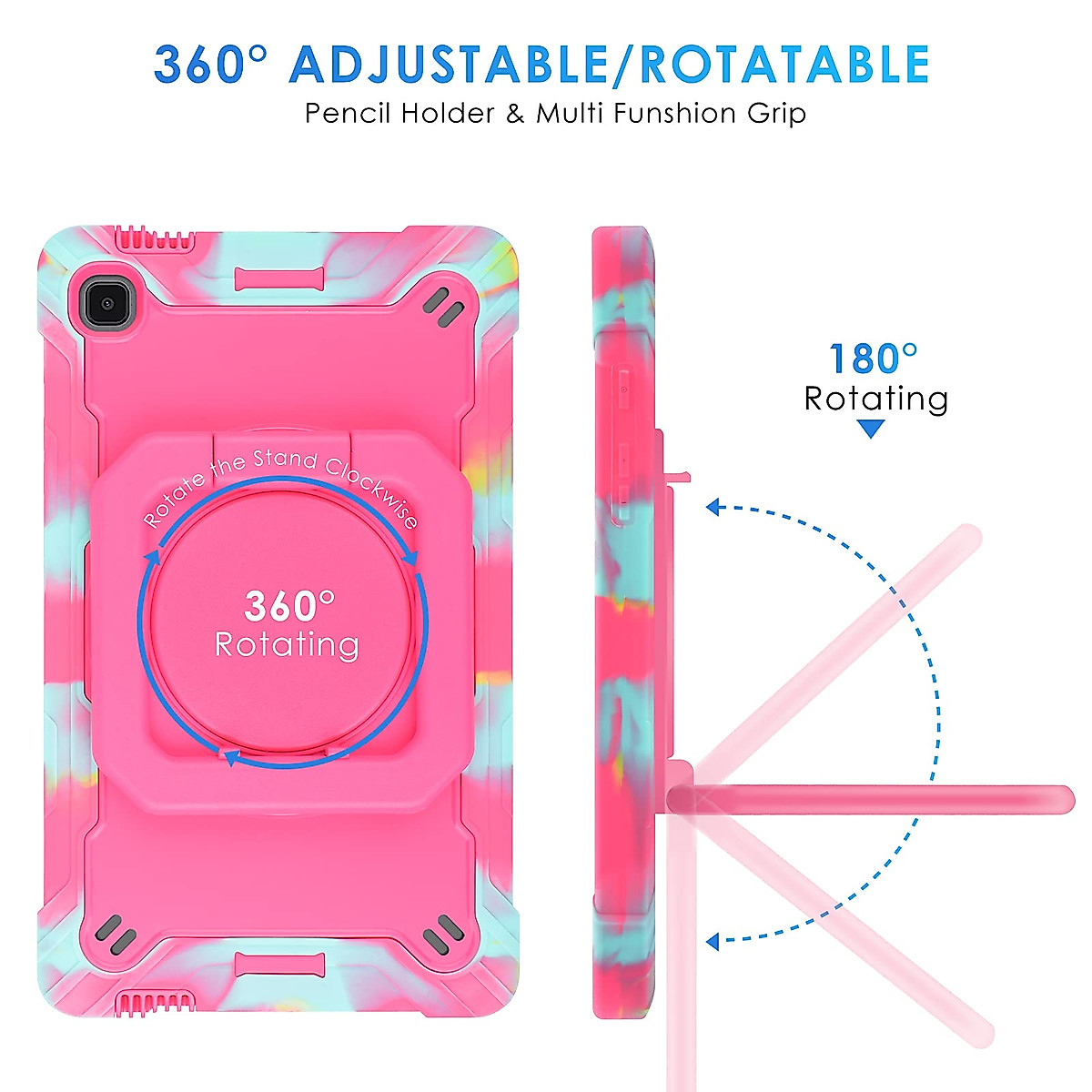 DETUOSI Case for Samsung Tab A7 Lite 8.7 inch 2021 Release SM-T220/T225/T227u, Shockproof Protective Cover for Galaxy Tab A7 Lite 8.7 inch (360°Rotatable Stand & Shoulder Strap), Camouflage Rose Red