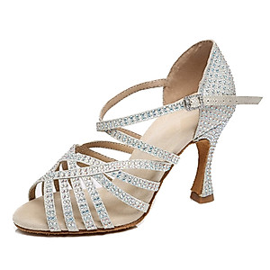 Minishion Women's Rhinestone Dance Shoes Ankle Strap Latin Salsa Dancing Heels L467 Silver US 4