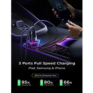 Car Charger USB C, 66W LISEN 3 USB Port [PD 36W+QC 30W] All Metal Car Charger iPhone, Fast Charging Car Adapter Colorful Lighting PD&QC 3.0 for iPhone 14 13 Pro, Samsung S23 iPad MacBook Pro Laptop