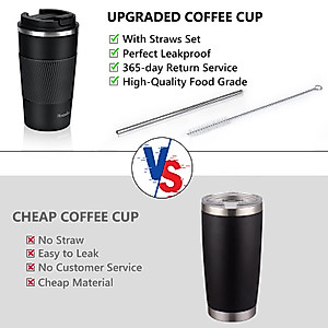 Coffee Mug, Coffee Tumblers with Straws and Straw Brushes, Travel Coffee Mug with Leakproof Lids for Keeping Hot and Cold Water Coffee and Tea In Travel Office Camping (Black, 17.00, ounces)