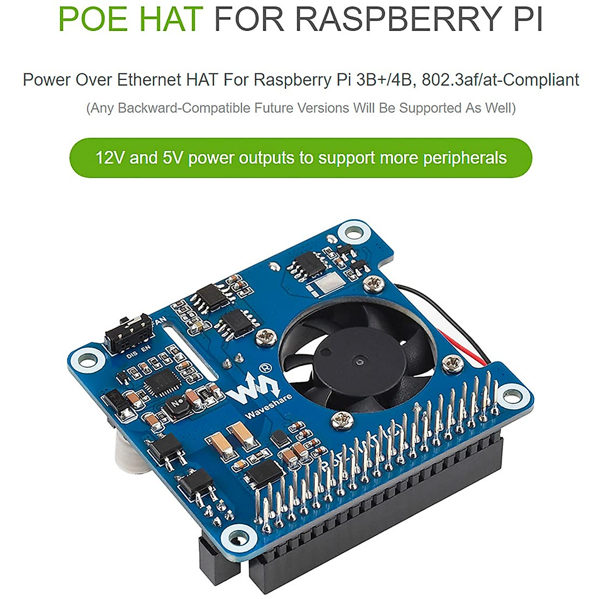 BFab Power Over Ethernet (C) for Raspberry Pi 4B/3B+, POE HAT Board with Cooling Fan,Support IEEE 802.3af/at-Compliant Network,5V USB-A and 12V Header Outputs to Use More Peripherals