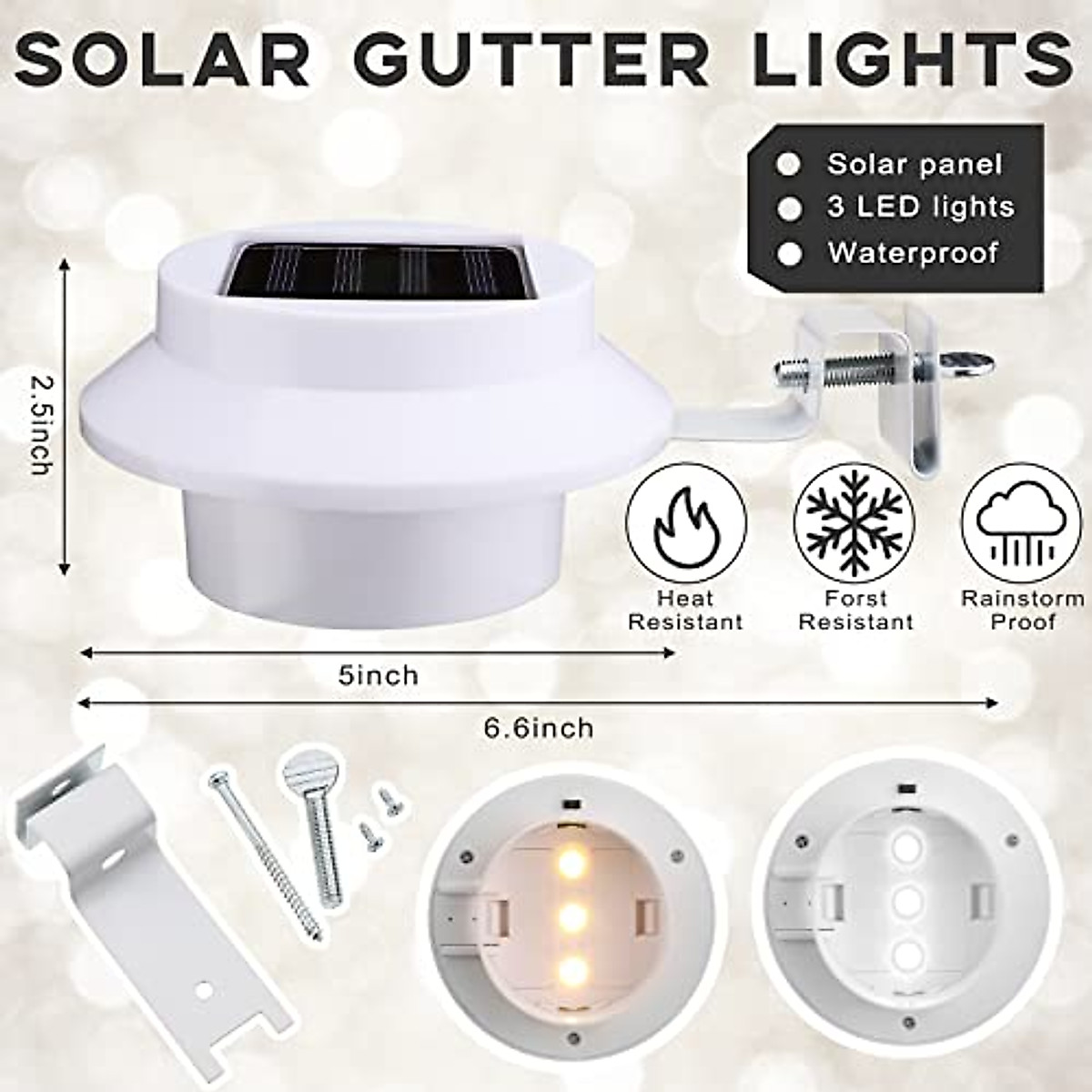 16 Pcs Solar Powered LED Gutter Lights 3 LED Deck Gutter Solar Lights Outdoor Waterproof LED Garden Yard Wall Lamp with Bracket for Fence Wall Stair Step Landscape Pathway, White Light and Warm Light