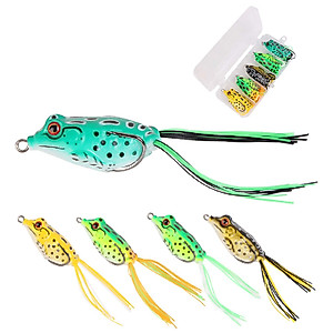 5pcs Frog Topwater Fishing Crankbait Lures Double Sharp Hooks Soft Bait for Bass Salmon Freshwater Saltwater Fishing with Tackle Box