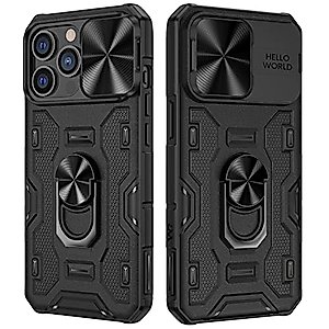 VEGO for iPhone 14 Pro Case, iPhone 14 Pro Kicksand Case with Slide Camera Cover Built-in 360° Rotate Ring Stand Magnetic Shockproof Phone Cover Case for iPhone 14 Pro 6.1 inches 2022 - Black